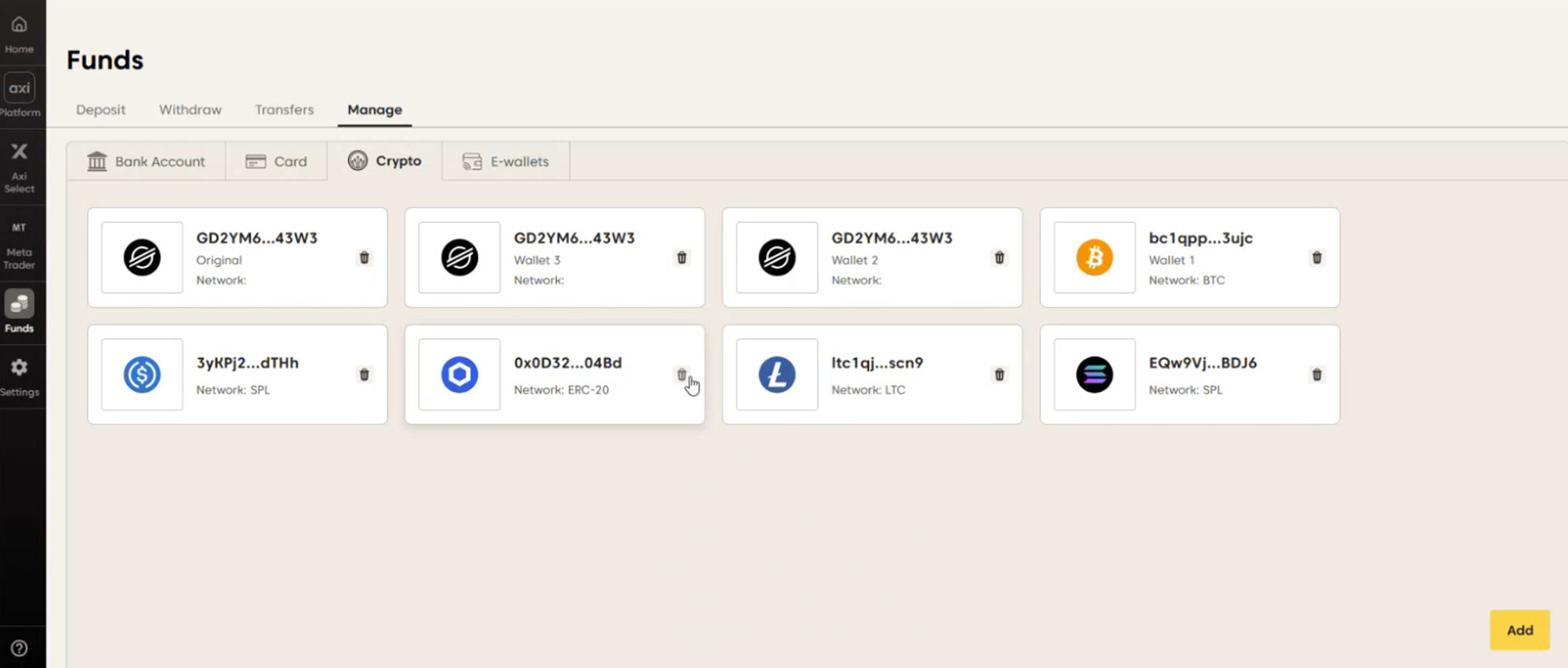 How can I remove/delete a crypto wallet from the Axi Client Portal? – Axi Help Center (EN-US)